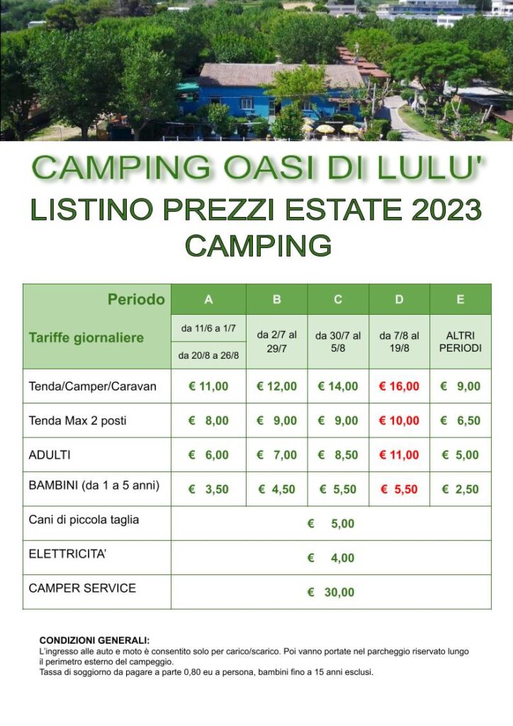 Listino camping - L'Oasi di Lulù